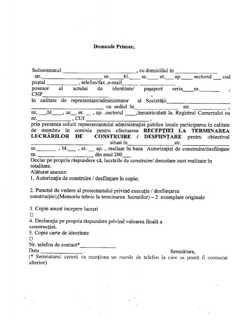 Solicitare Receptie La Terminarea Lucrarilor de Construire-Desfiintare ...