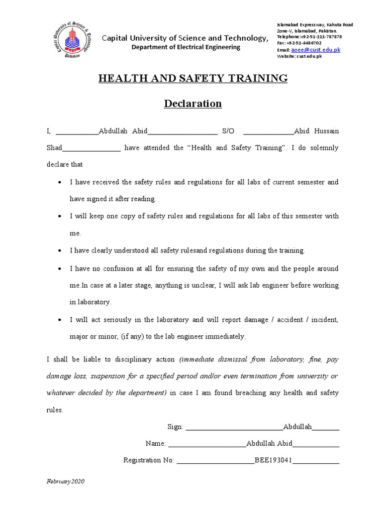 Health and Safety Training - Declaration | PDF | Laboratories | Government