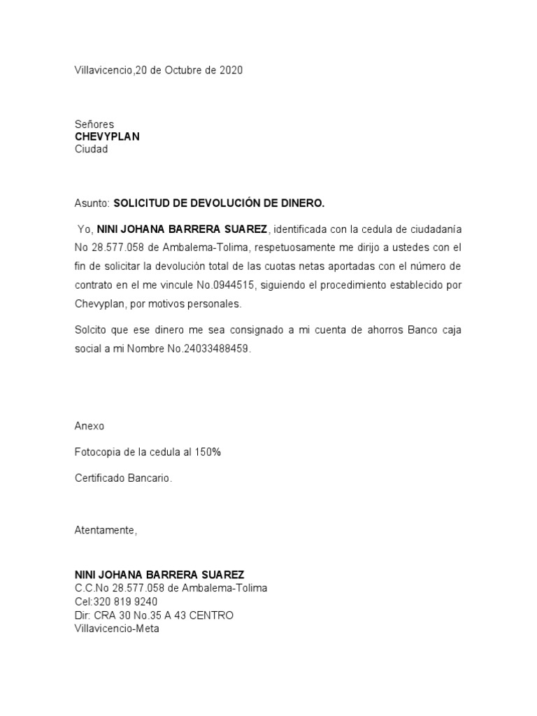 Solicitud de Devolución de Dinero 20-10-2020 | PDF