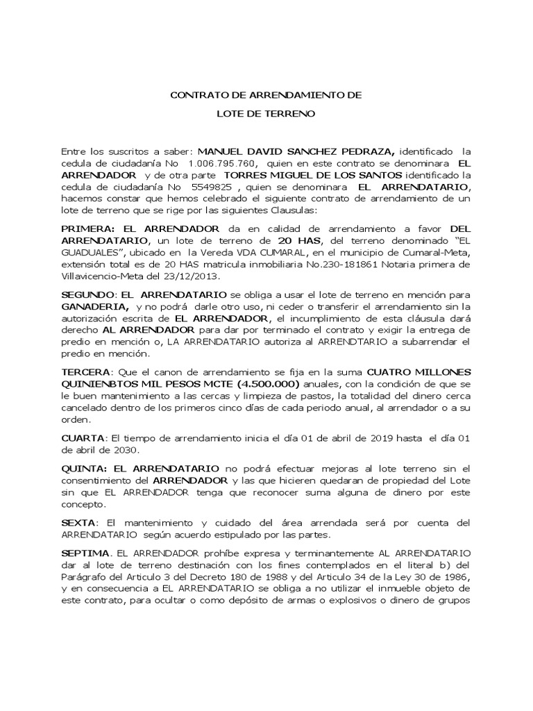 Contrato de Arrendamiento Manuel David Sanchez Pedraza | PDF | Alquiler ...