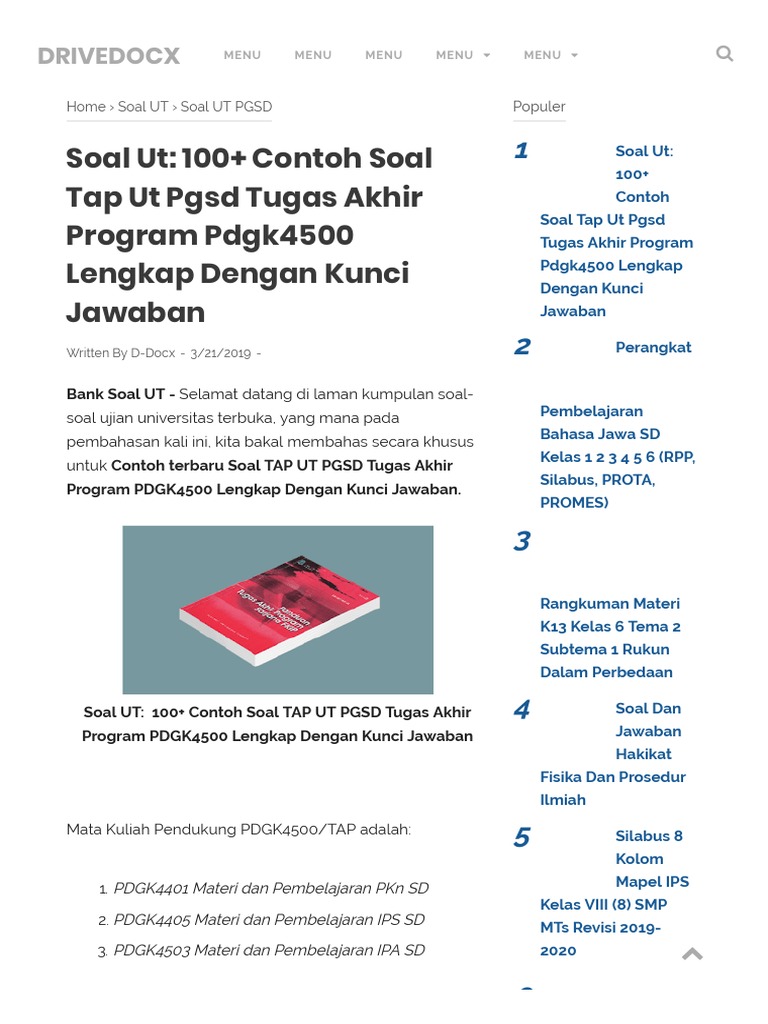 Soal Ut 100+ Contoh Soal Tap Ut PGSD Tugas Akhir Program Pdgk4500 ...