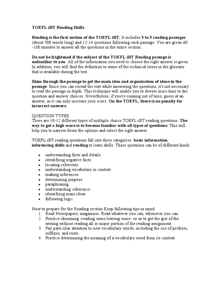 TOEFL iBT Reading Skills | PDF | Career & Growth