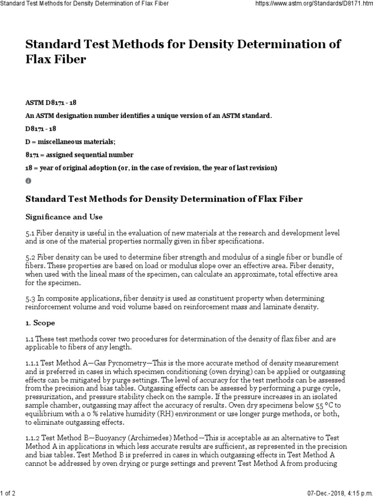 Standard Test Methods For Density Determination of Flax Fiber | PDF ...