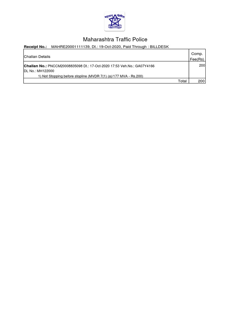 Maharashtra Traffic Police: Receipt No. | PDF