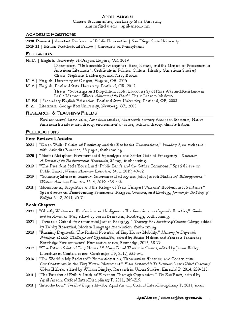 April Anson: Peer-Reviewed Articles | PDF | Ecofeminism | University