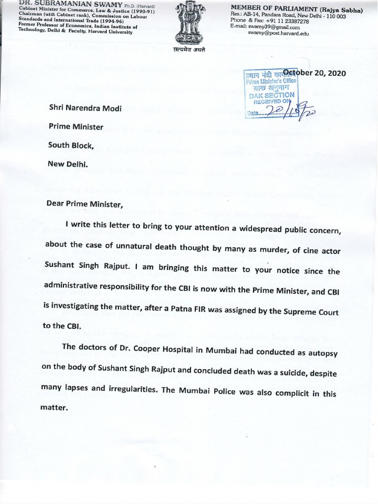 Letter To Prime Minister On AIIMS Investigation of SSR | PDF