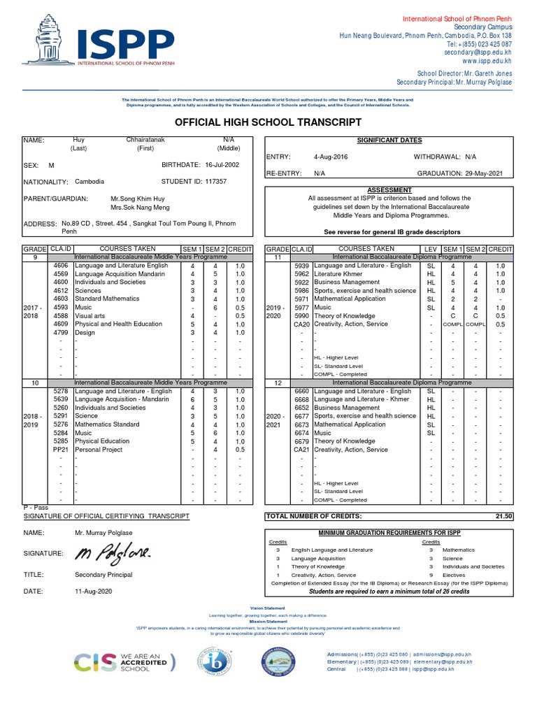 Huy, Chhairatanak - Grade 9-12 S1 ISPP Transcript PDF | PDF ...