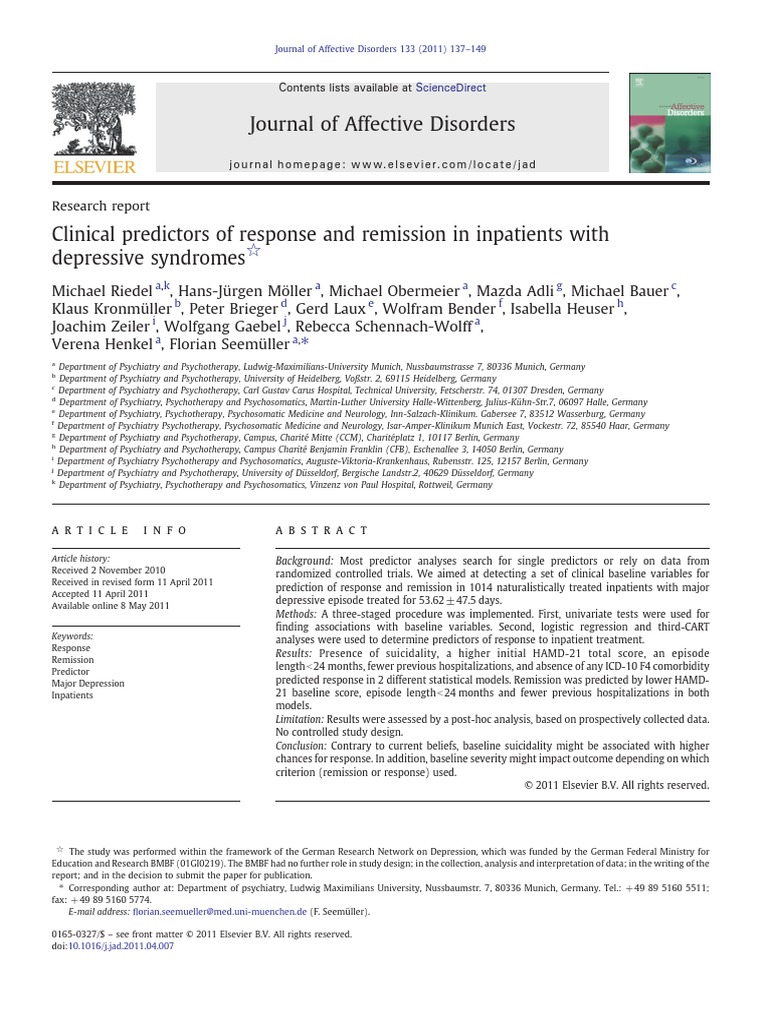 Riedel - 2011 - Clinical Predictors of Response and Remission in ...