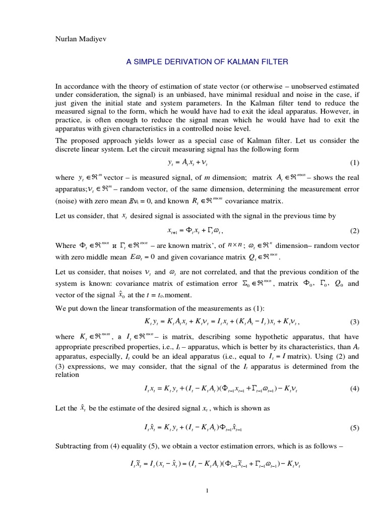 Madiyev Nurlan. - A Simple Derivation of Kalman Filter | PDF | Kalman Filter | Applied Mathematics
