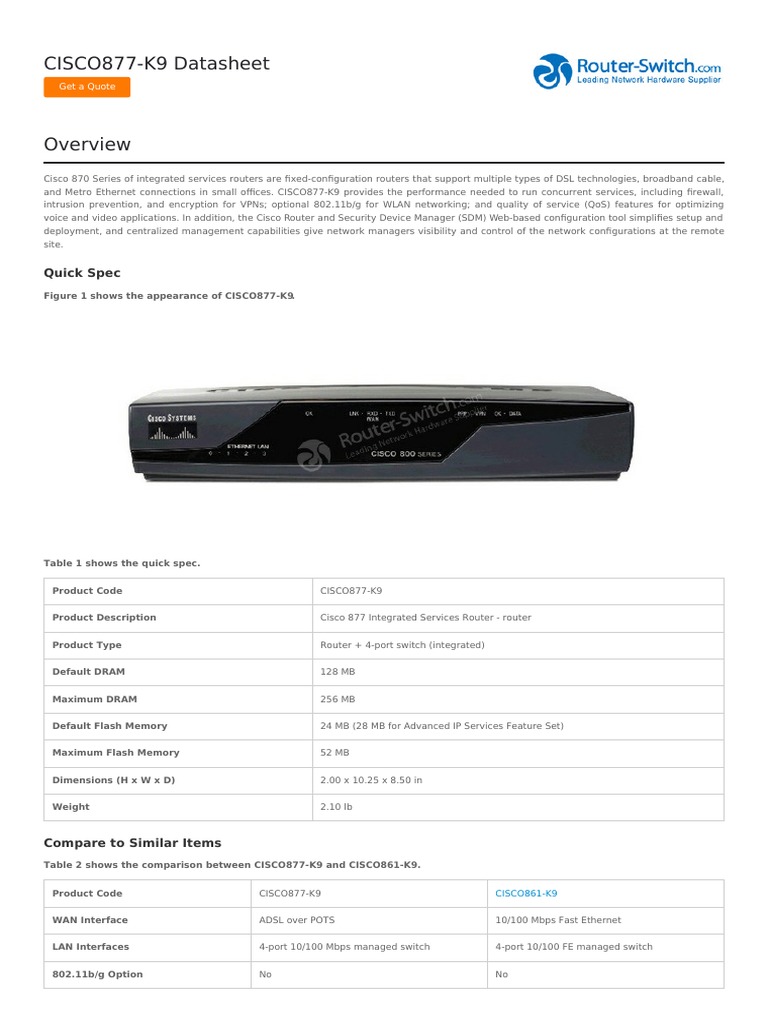 CISCO877-K9 Datasheet: Quick Spec | PDF | Router (Computing) | Network ...