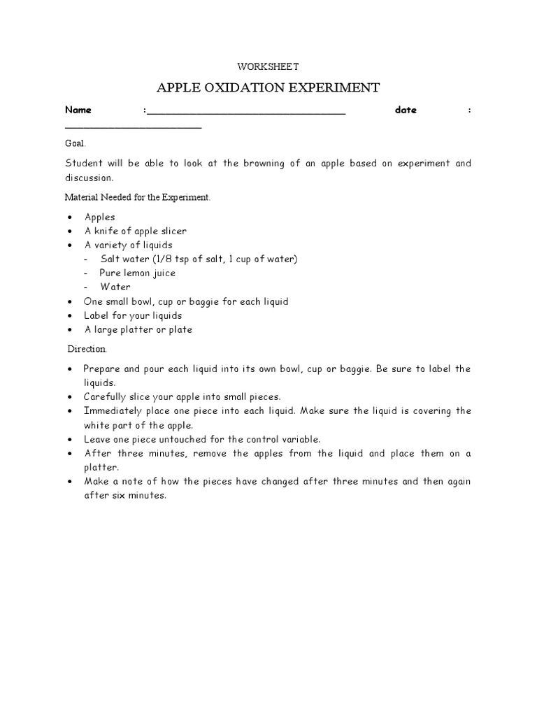Apple Oxidation Experiment - Worksheet