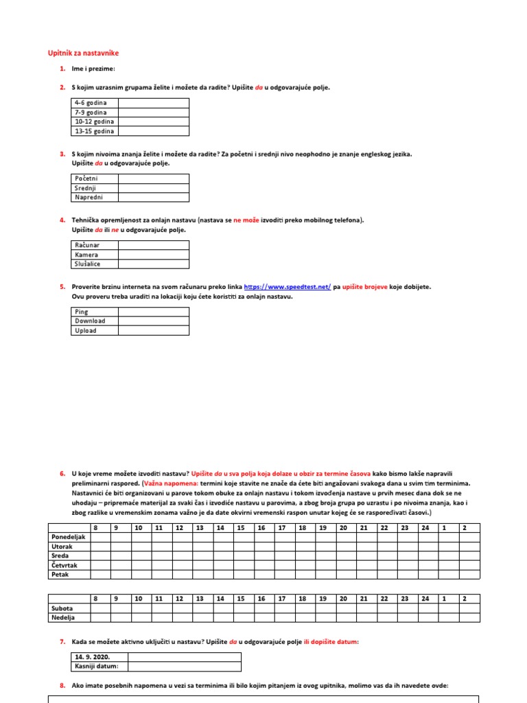 Zvezdobrojci Upitnik Za Nastavnike | PDF