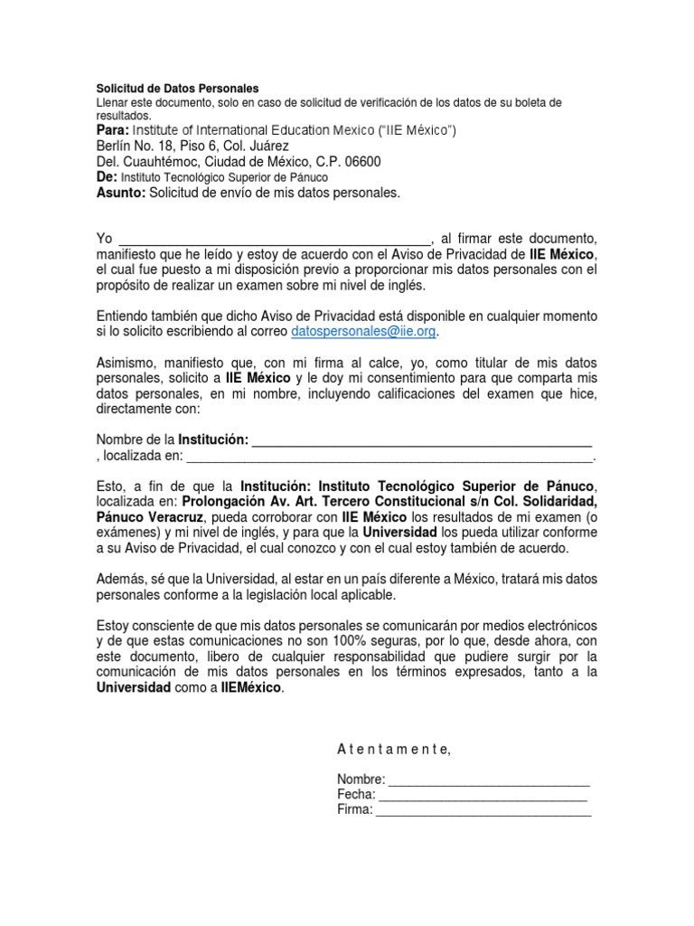 Solicitud de Datos Personales TOEFL | PDF