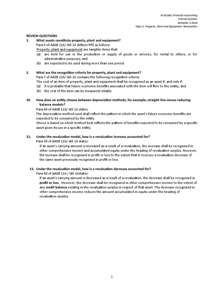 ACW2491 Financial Accounting Tutorial Solution Semester 2 2018 Topic 5: Property, Plant and ...
