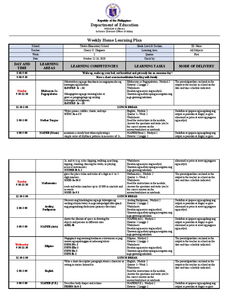 Weekly Home Learning Plan Grade 3 Week 2 | PDF