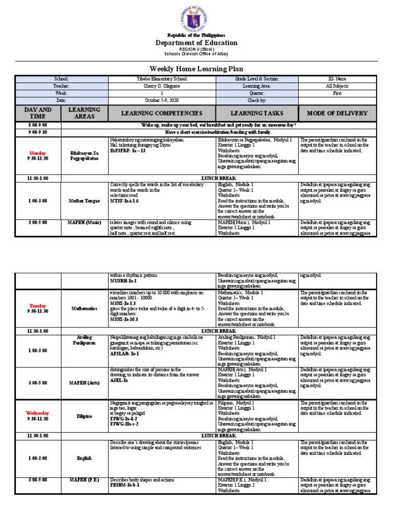 Weekly Home Learning Plan Grade 3 | PDF | Learning | Cognition