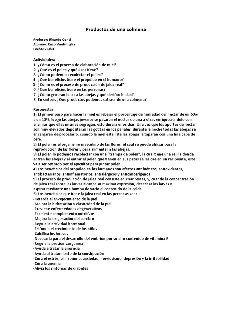 Productos De Una Colmena Pdf Polen Miel
