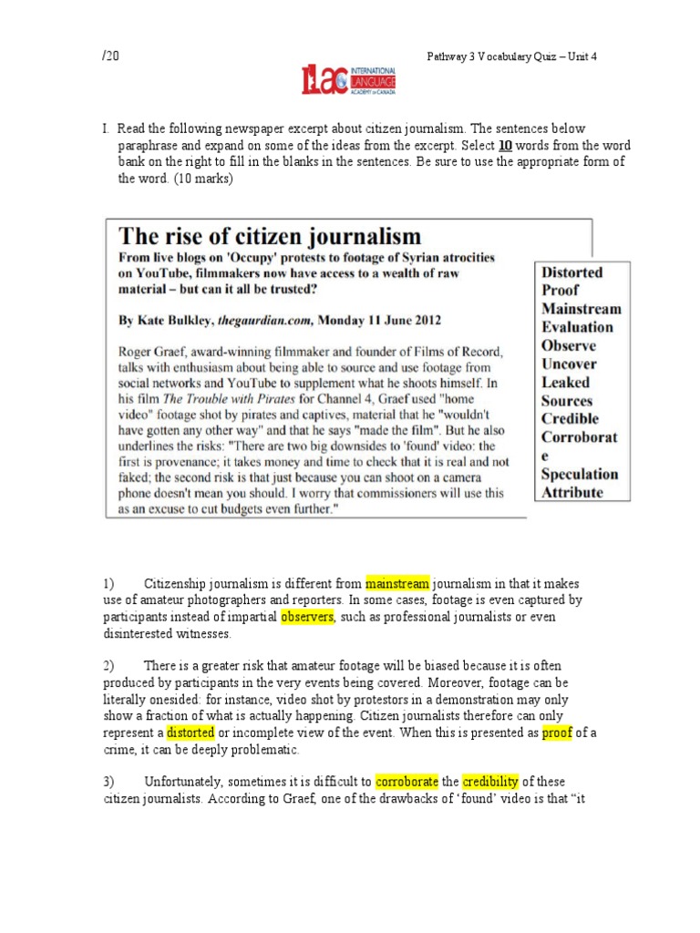 Vocabulary Quiz 6 List of Words Answers | PDF | Journalism | News