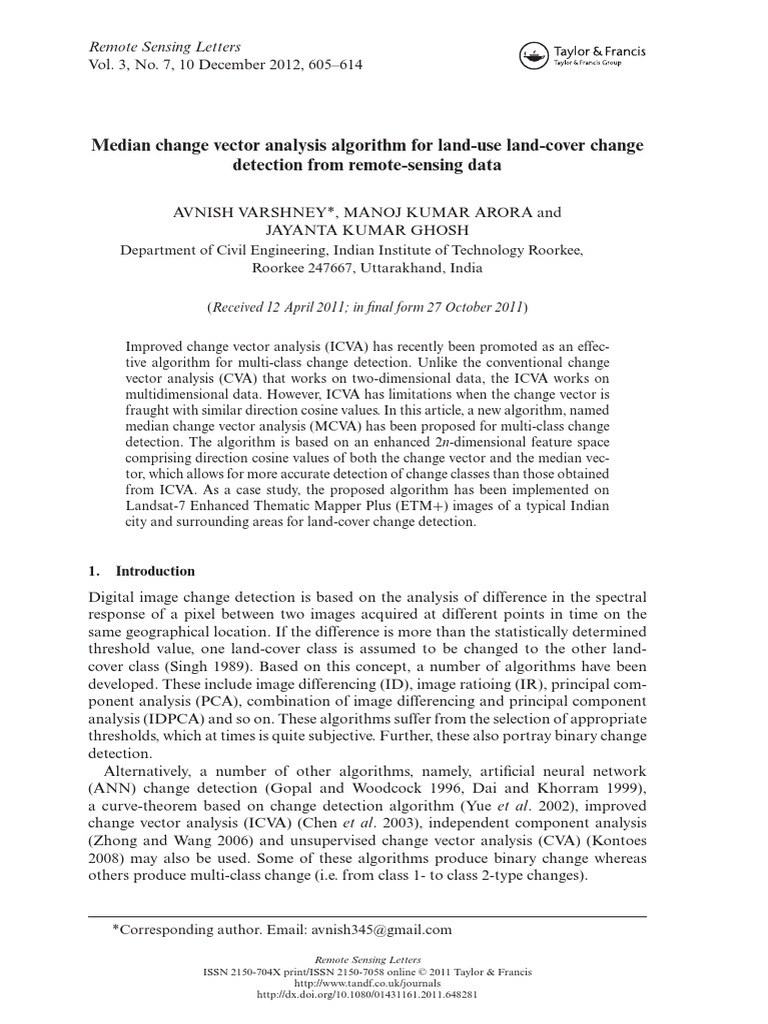 Median Change Vector Analysis Algorithm For Land Use Land Cover Change ...