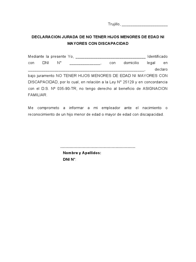 Declaración Jurada - No Tener Hijos Menores de Edad | PDF | Derecho