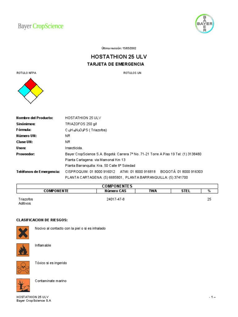 Hostathion 25 ULV: Insecticida Bayer | PDF | Agua | Especialidades Medicas