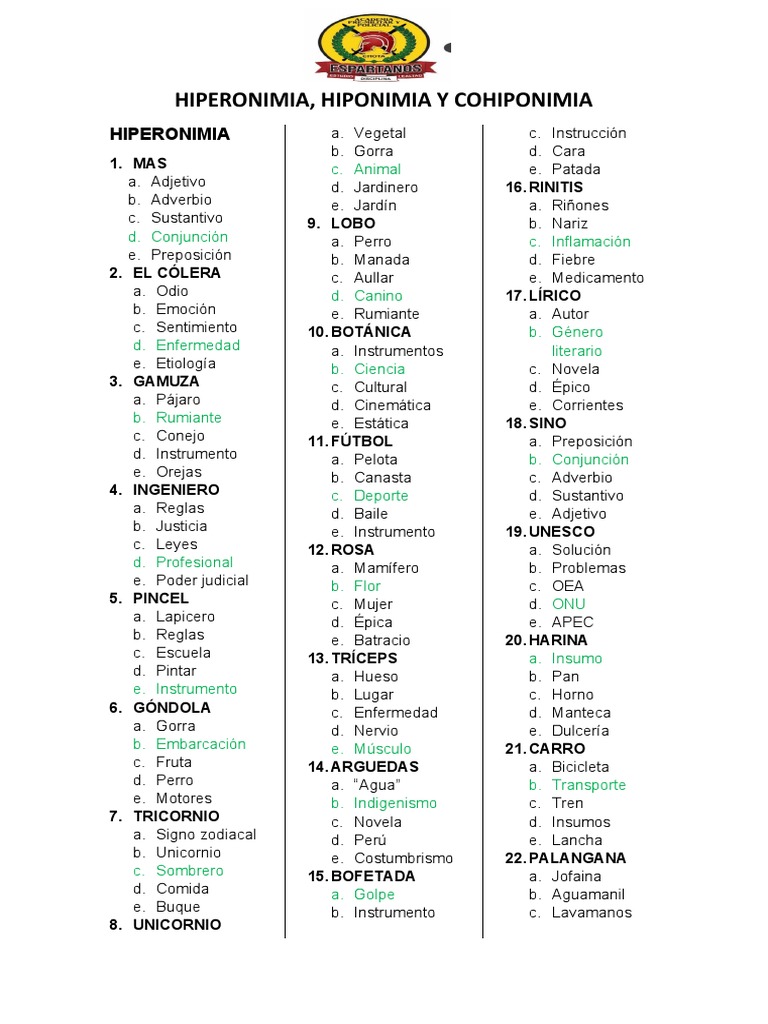 HIPERONIMIA, HIPONIMIA Y COHIPONIMIA: UNA GUÍA DE RELACIONES ...