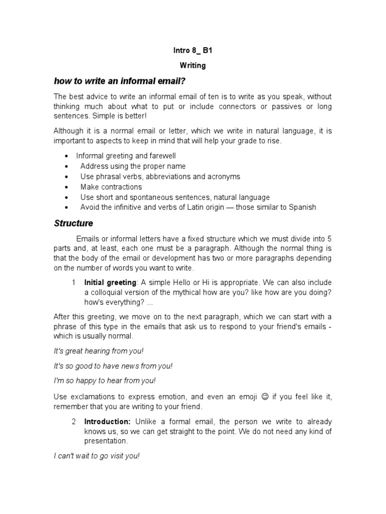 How To Write An Informal Email?: Intro 8 - B1 Writing | PDF | Phrase | Verb