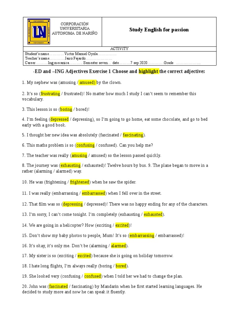 ED and - ING Adjectives Exercise 1 Choose and Highlight The Correct ...