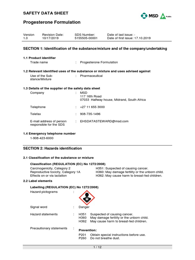 Progesterone Formulation Safety Data Sheet Pdf Dangerous Goods 7151