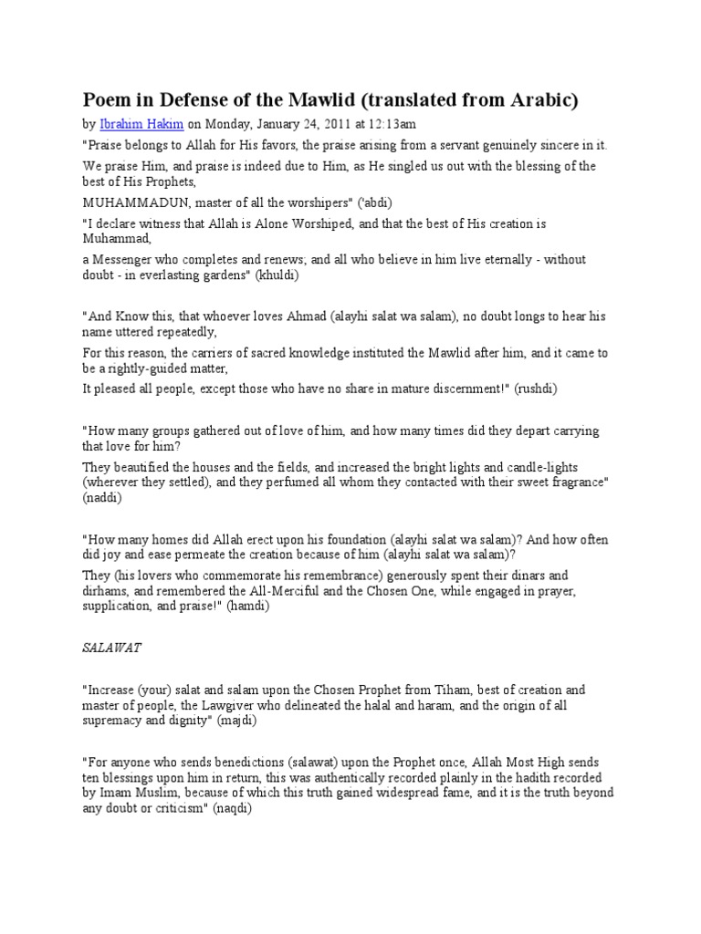 Poem in Defense of The Mawlid | PDF | Monotheism | Semitic Words And ...