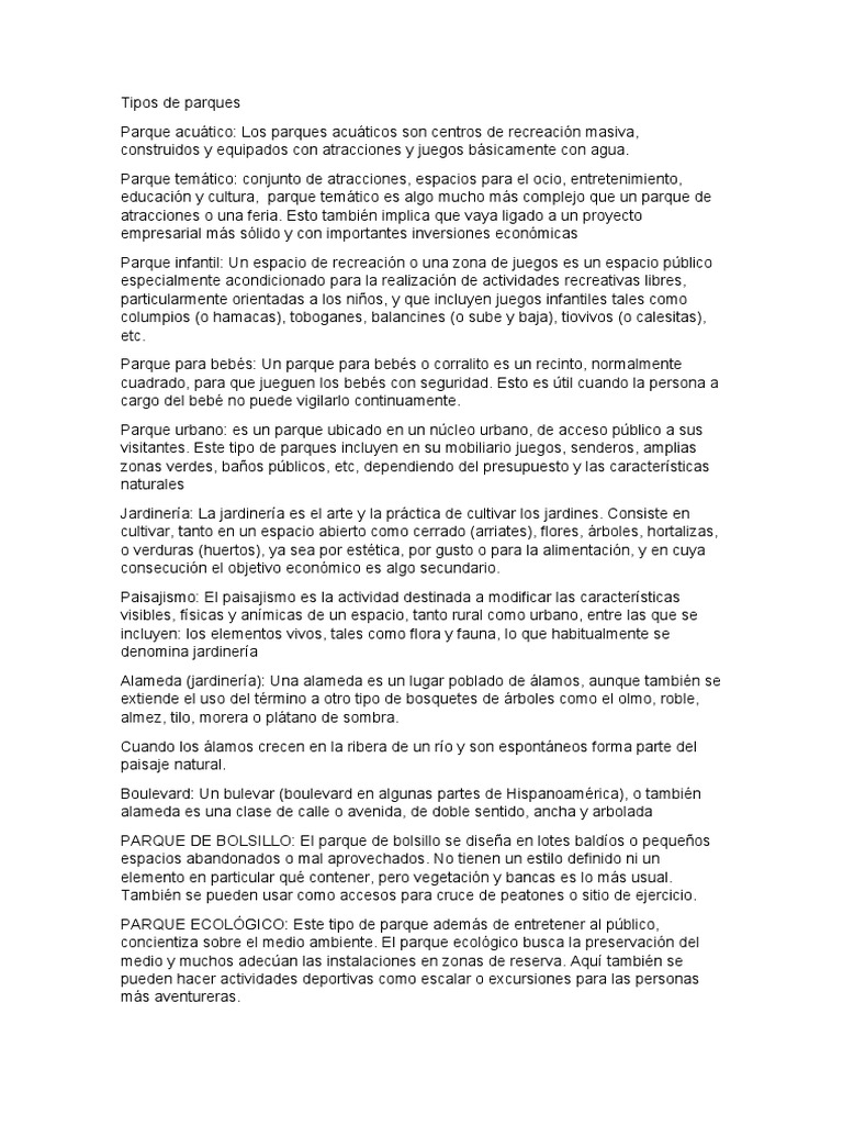 Tipos de Parques | PDF | Parque de atracciones | Patio de recreo