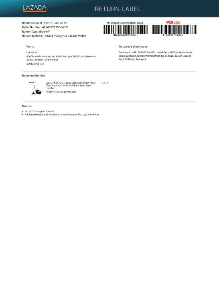 Return Request Date: 21 Jan 2019 Order Number: #214532179084031 Return ...