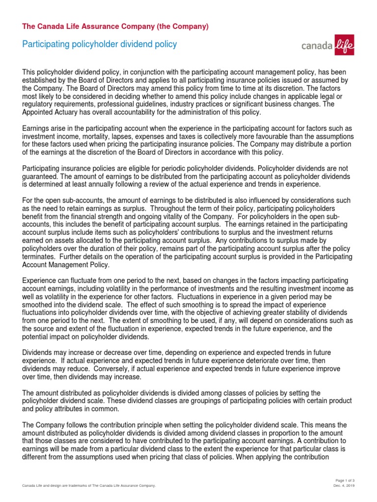 Participating Policyholder Dividend Policy: The Canada Life Assurance ...