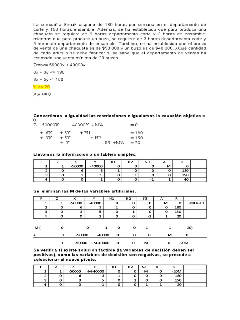 Ejercicio de Maximizacion Metodo Simplex Variables Artificiales | PDF | Matemáticas Aplicadas ...