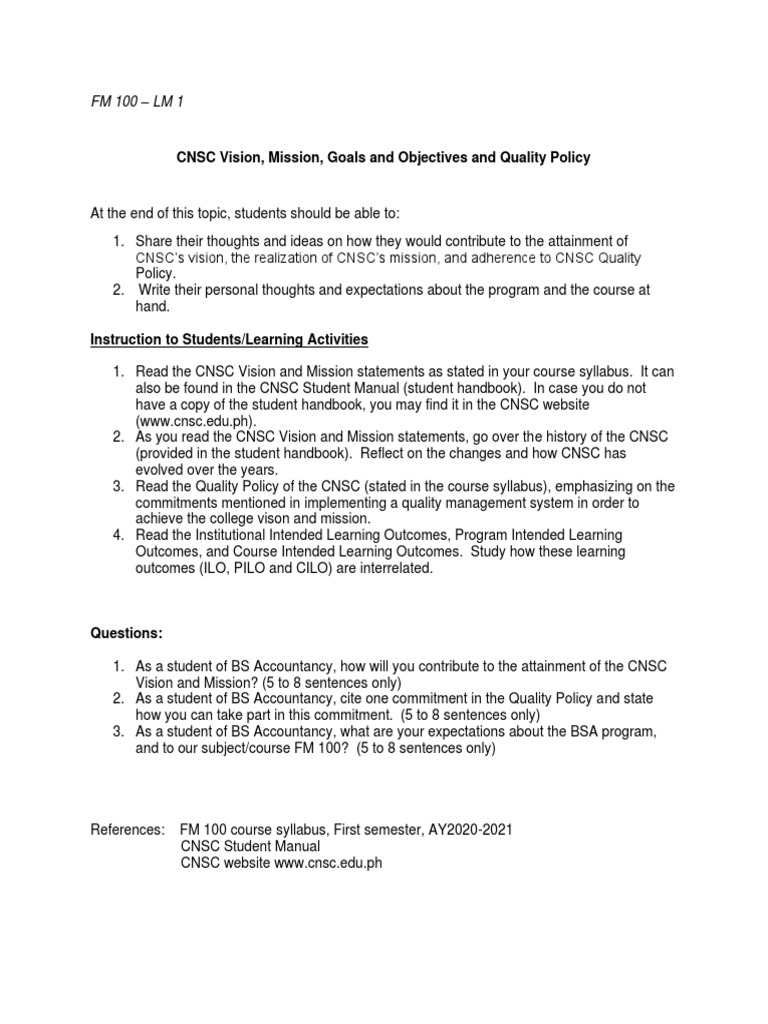 CNSC Vision, Mission, Goals and Objectives and Quality Policy | PDF ...
