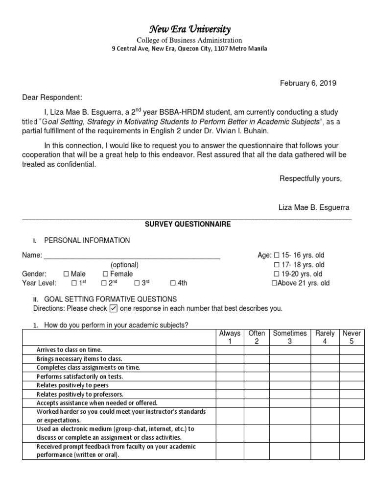 New Era University: Survey Questionnaire | PDF | Goal Setting | Goal