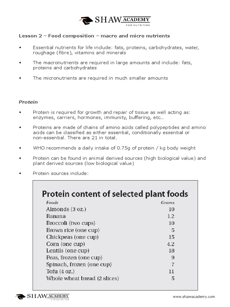 Lesson 2 - Food Composition - Macro and Micro Nutrients: Protein | PDF ...