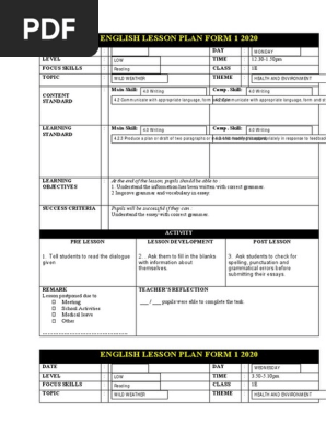 Lesson Plan Form 1 English Lesson Plan Educational Psychology