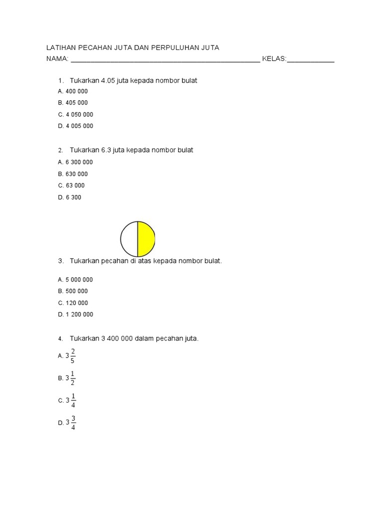 Latihan Pecahan Dan Perpuluhan Juta | PDF