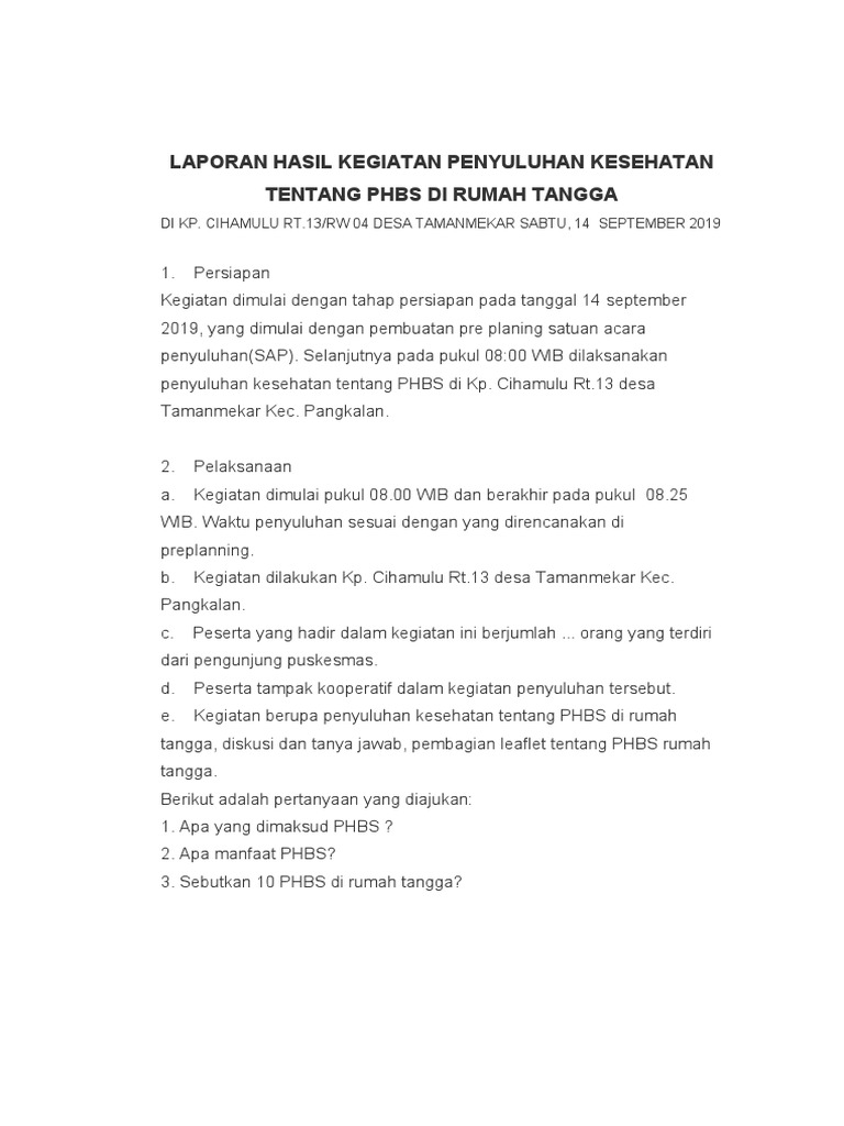 Penyuluhan Kesehatan PHBS di Tamanmekar | PDF