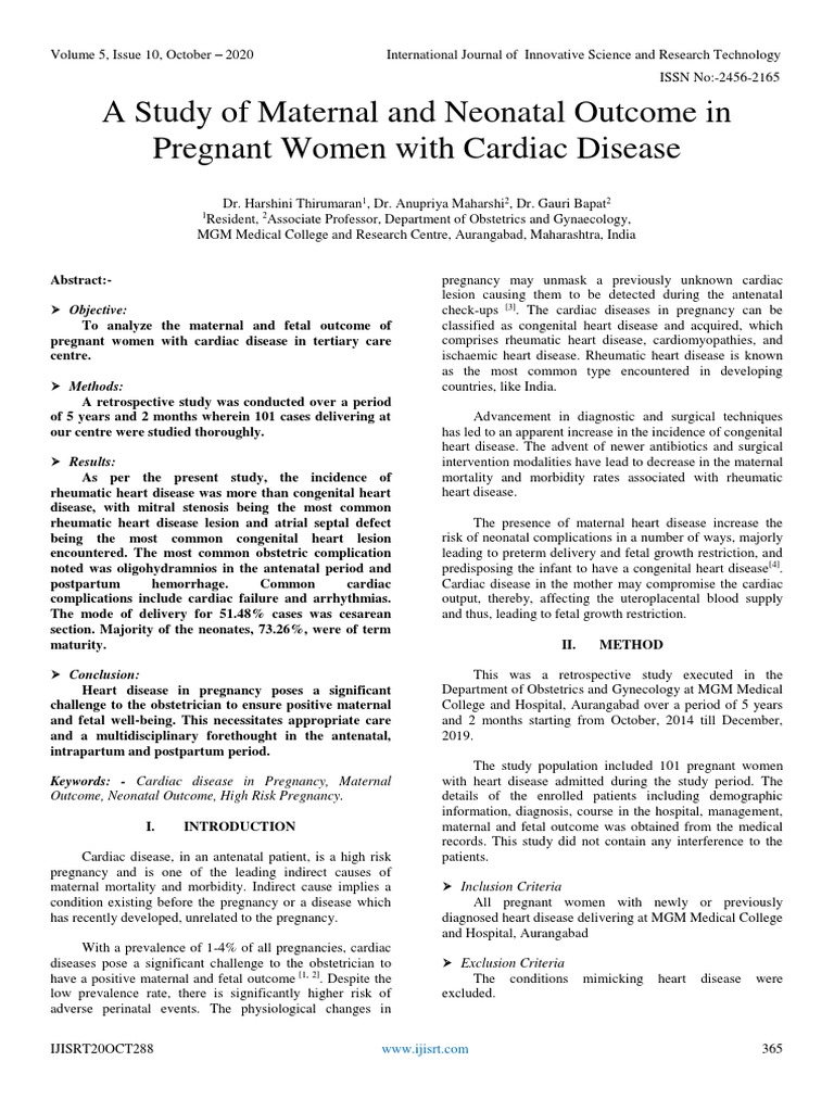 A Study of Maternal and Neonatal Outcome in Pregnant Women With Cardiac ...