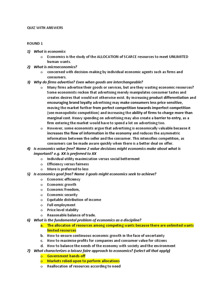 ECONOMICS QUIZ WITH ANSWERS | PDF | Macroeconomics | Economics