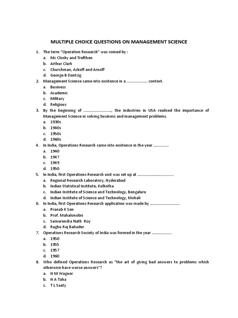 Multiple Choice Questions On Management Science | PDF | Linear Programming | Mathematical ...