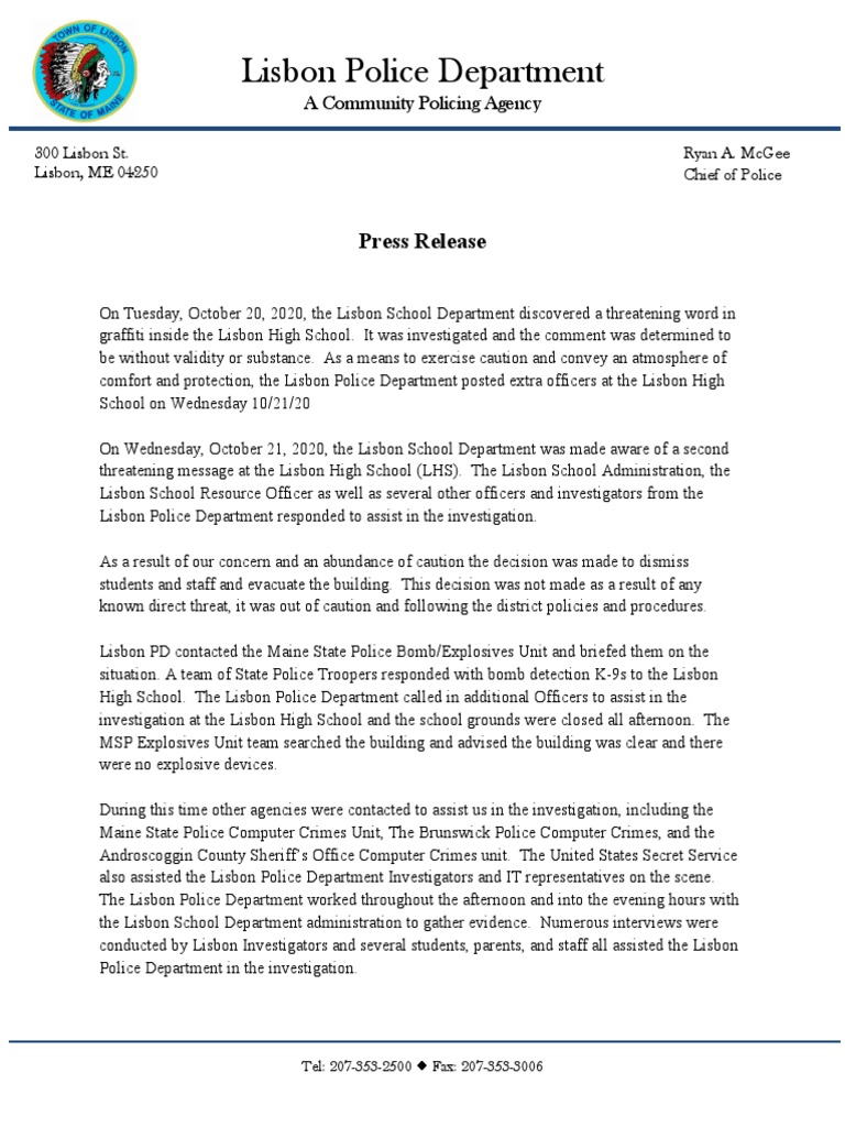 Lisbon Police Department: Press Release | PDF | Police | Public Safety