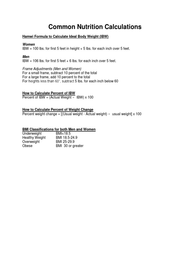 Common Nutrition Calculations | PDF | Human Body Weight | Body Mass Index