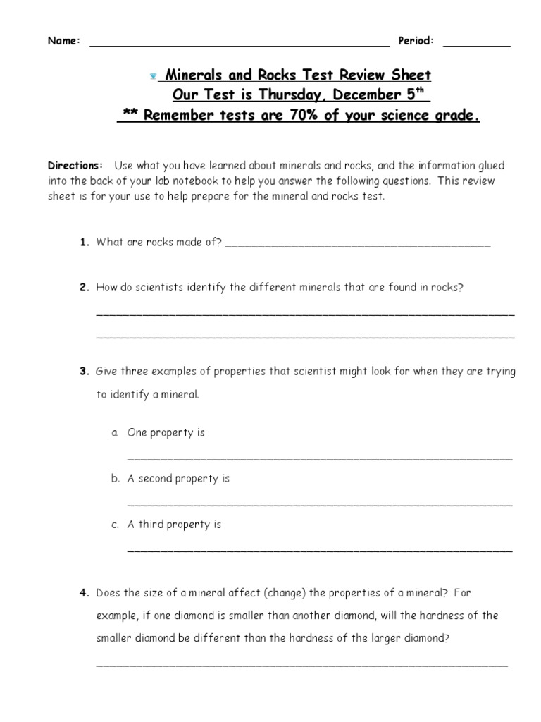 Rocks and Minerals Test Review Sheet | PDF | Rock (Geology) | Minerals