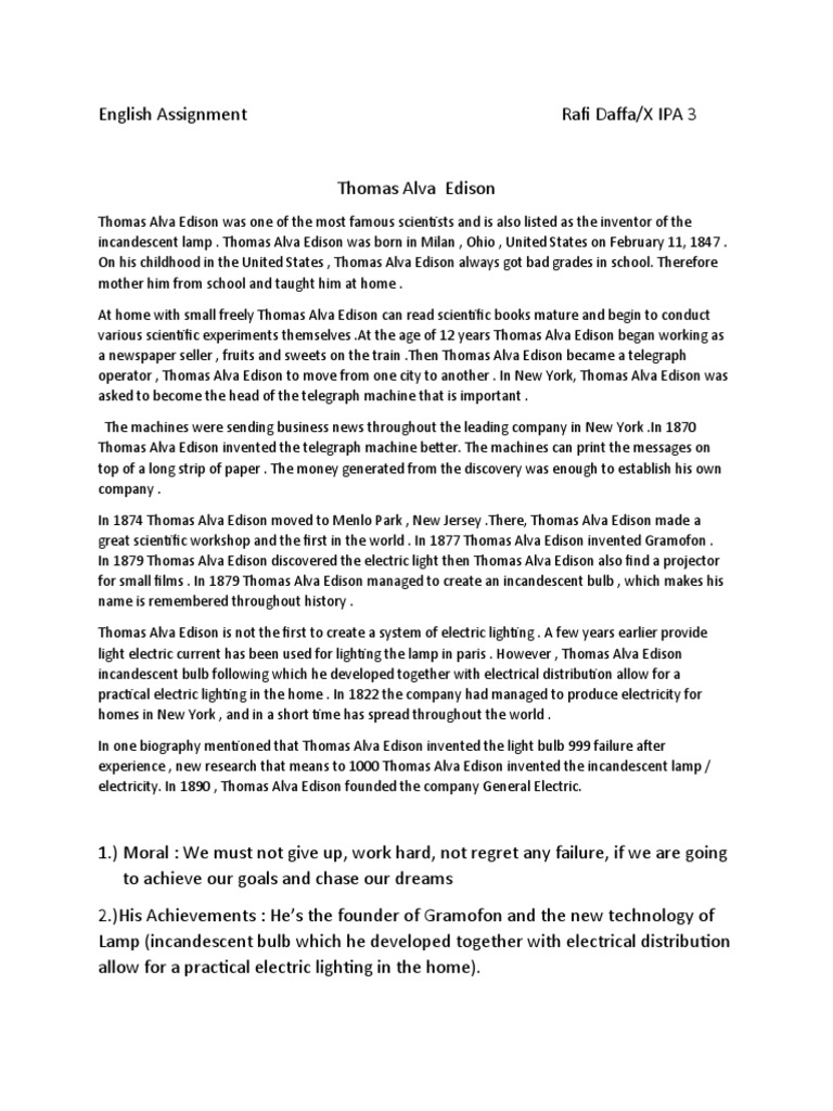Biographical Recount Text | PDF | Thomas Edison | Incandescent Light Bulb