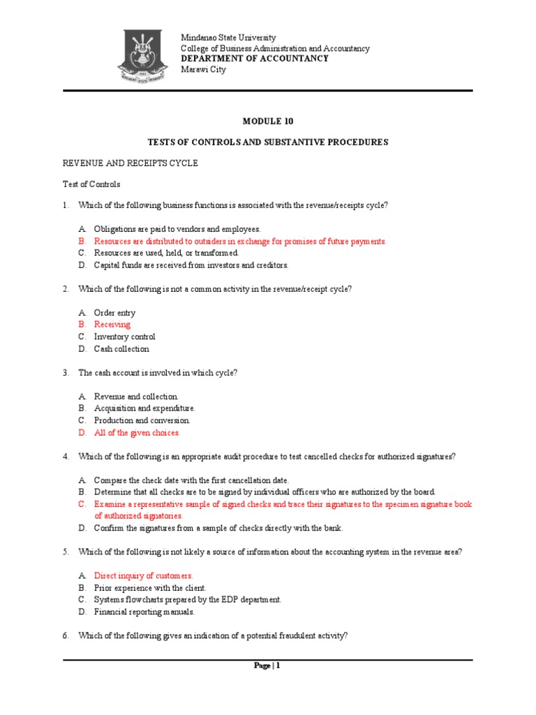 Tests of Controls and Substantive Procedures for the Revenue and ...