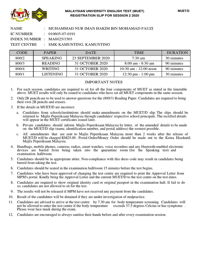 Code Paper Date Time Duration: Malaysian University English Test (Muet ...
