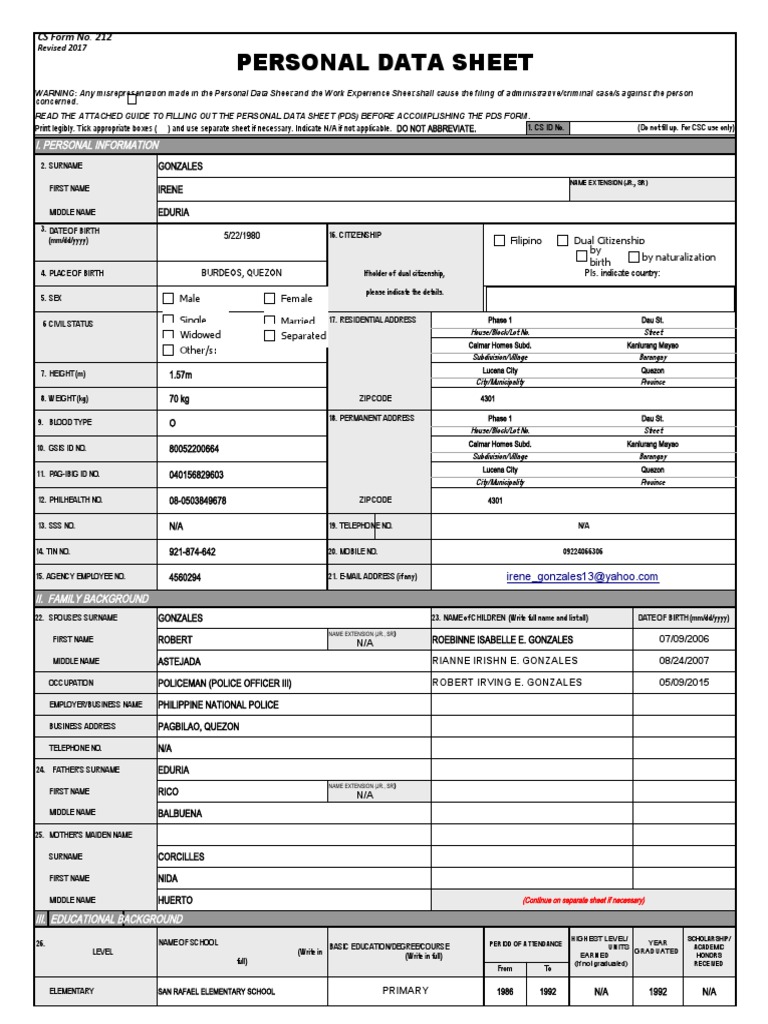 CS Form No. 212 Revised Personal Data Sheet - New | PDF | Passport ...